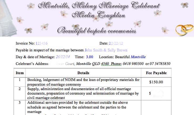 invoice Montville marriage celebrant